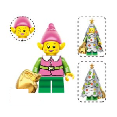 Christmas Elf in pink with Silver Christmas tree Minifigure - bricknmix.uk